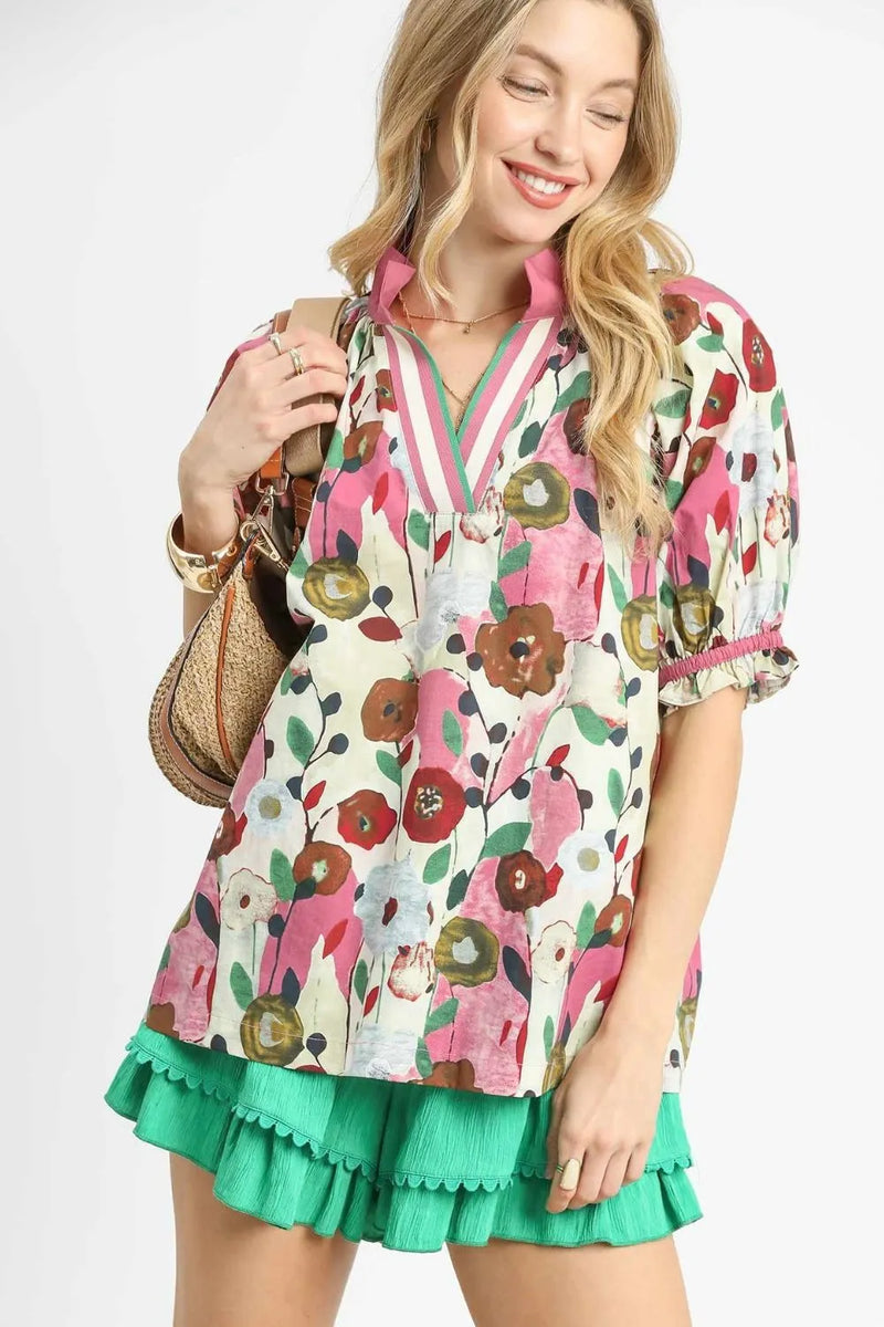 Umgee Floral Print Puff Sleeve Oversized Blouse – Charming Charlie