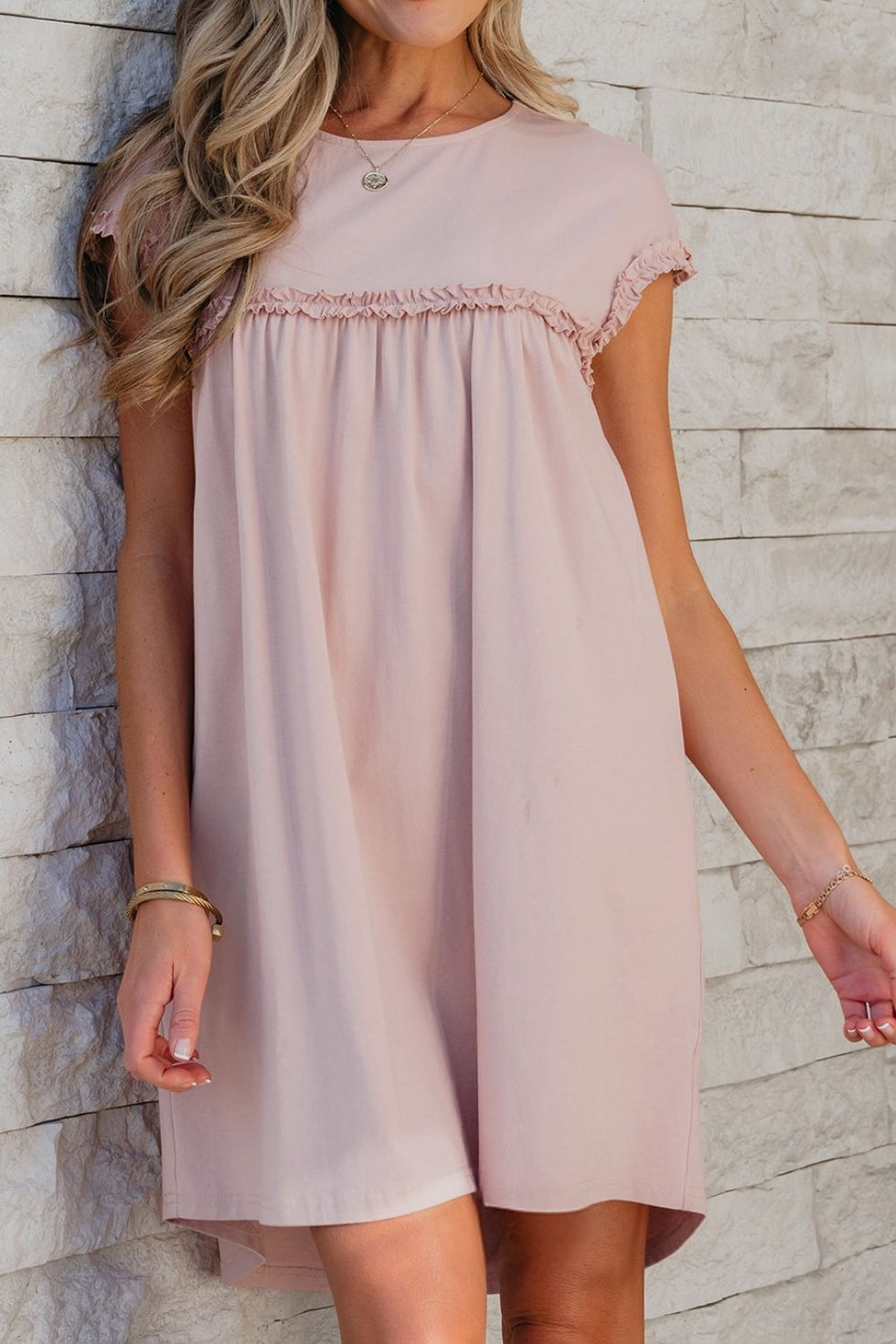 Frilled Trim Crew Neck Cap Sleeve Loose Fit Mini Dress – Charming Charlie