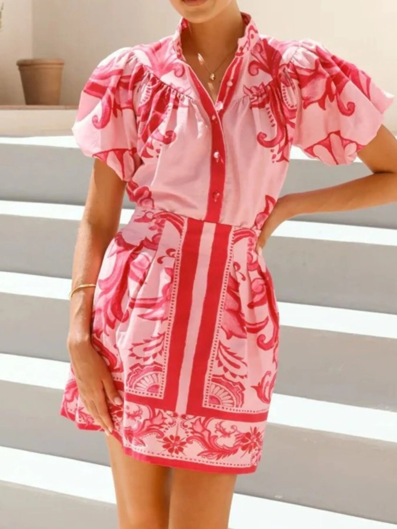 Printed Puff Sleeve Top and Skirt Set – Charming Charlie