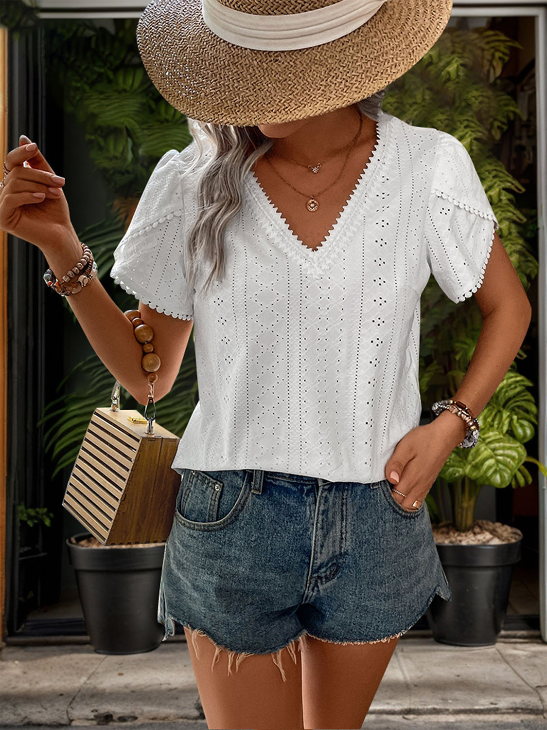 Eyelet V-Neck Petal Sleeve Blouse – Charming Charlie