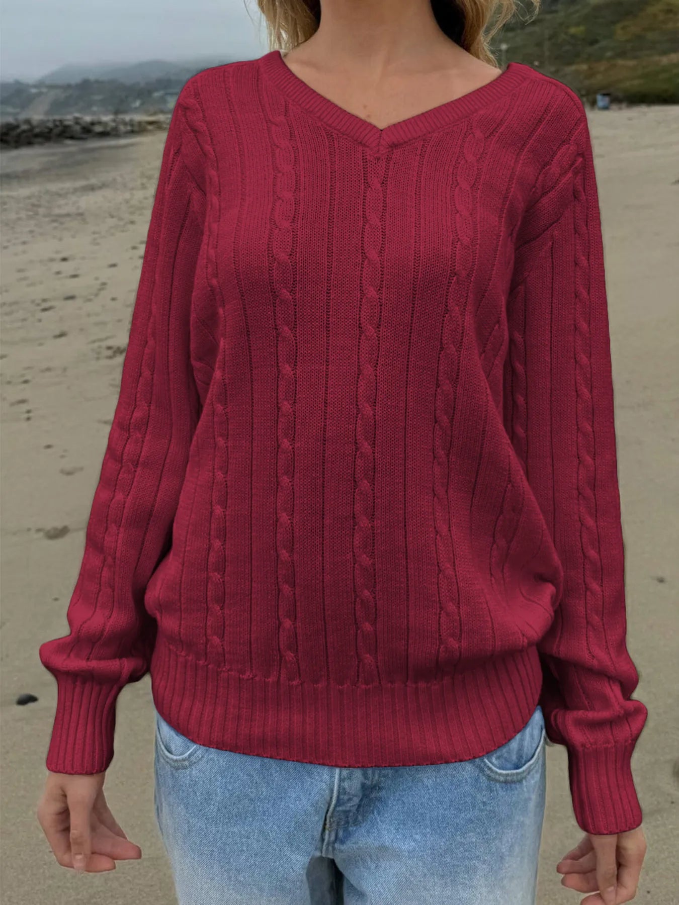 Cable Knit V-Neck Pullover Sweater – Charming Charlie