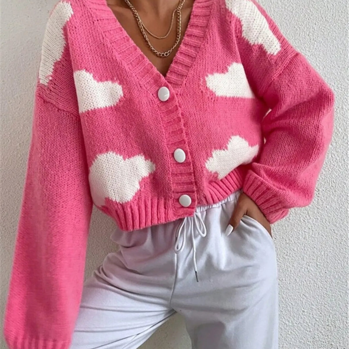 Contrast Cloud Pattern Cropped Button-Up Cardigan – Charming Charlie