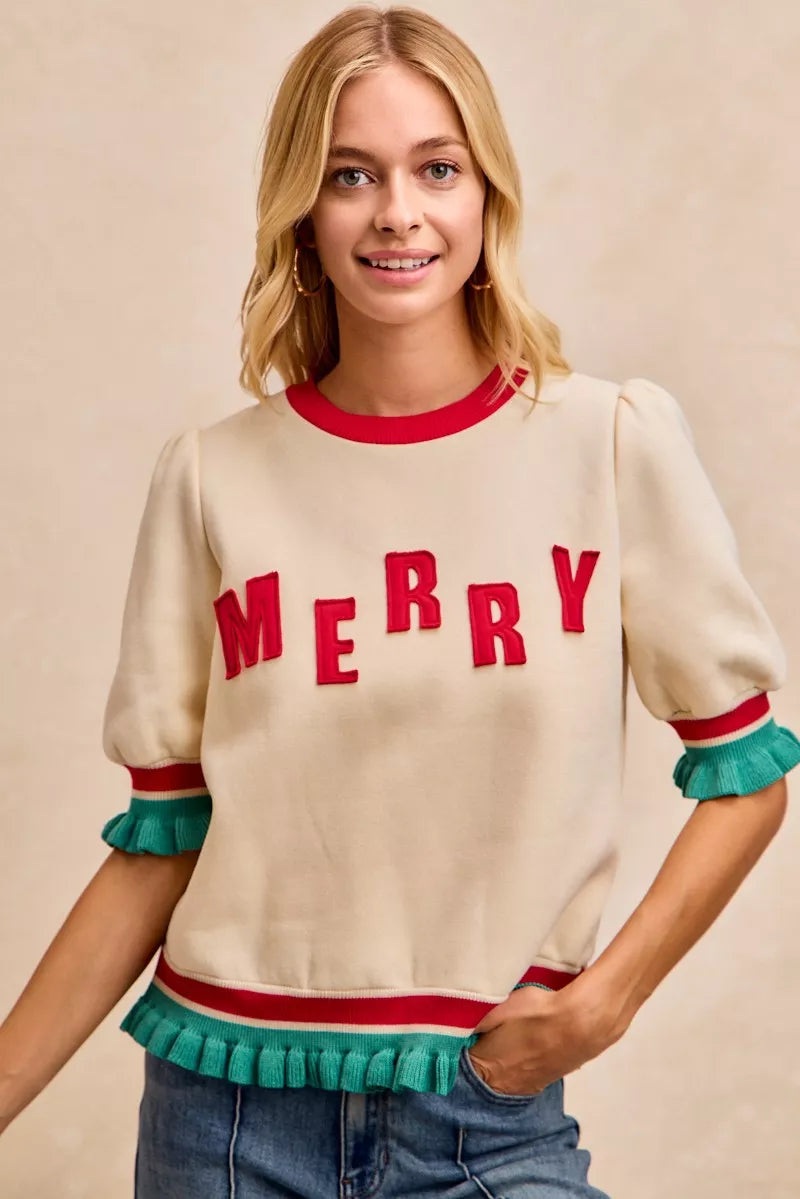 BiBi Christmas Merry Letter Patches Contrast Banded Top – Charming Charlie