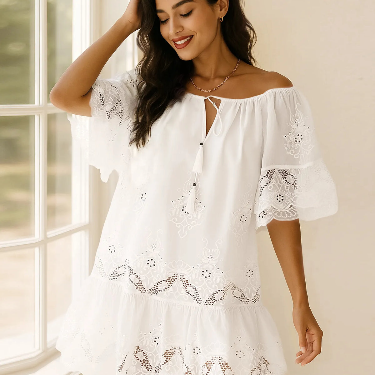 Eyelet Embroidered Tassel Tie Neck Dress – Charming Charlie