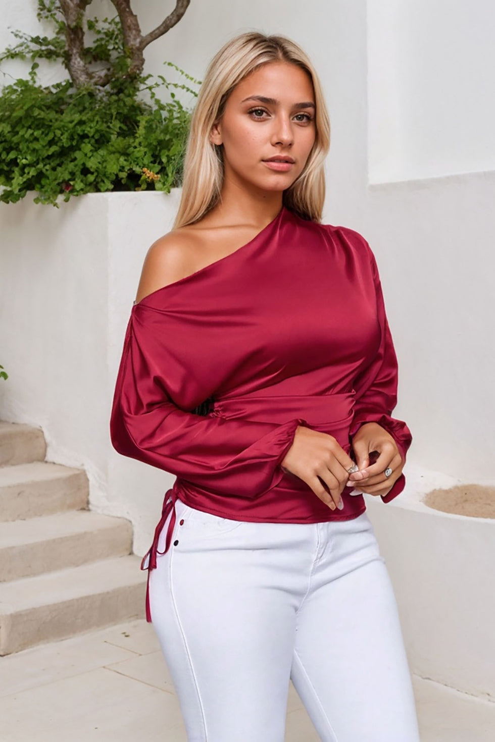 Drawstring One Shoulder Long Sleeve Blouse – Charming Charlie