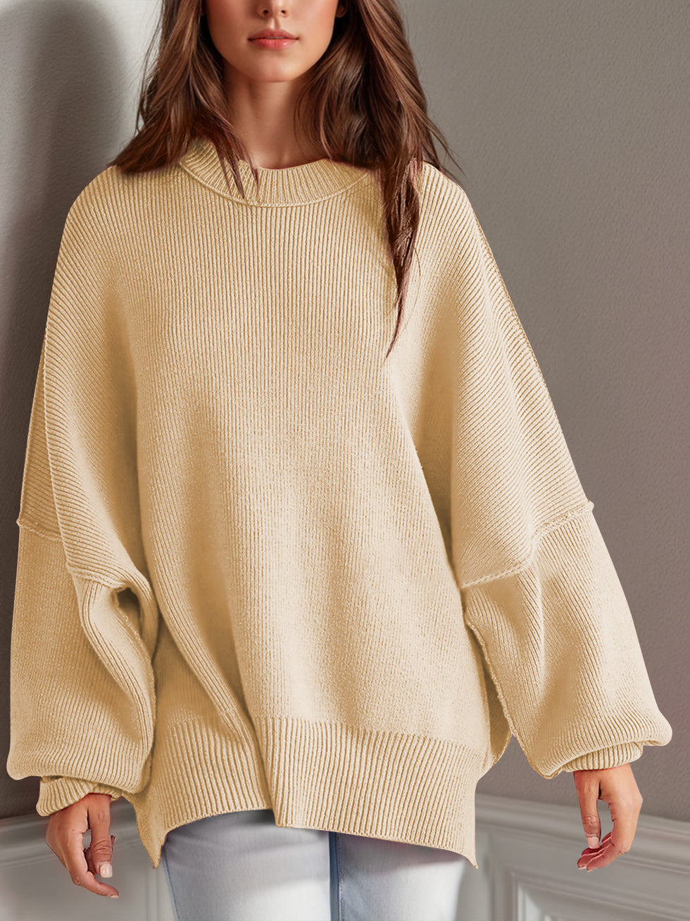 Double Take Side Slit Round Neck Long Sleeve Sweater – Charming Charlie