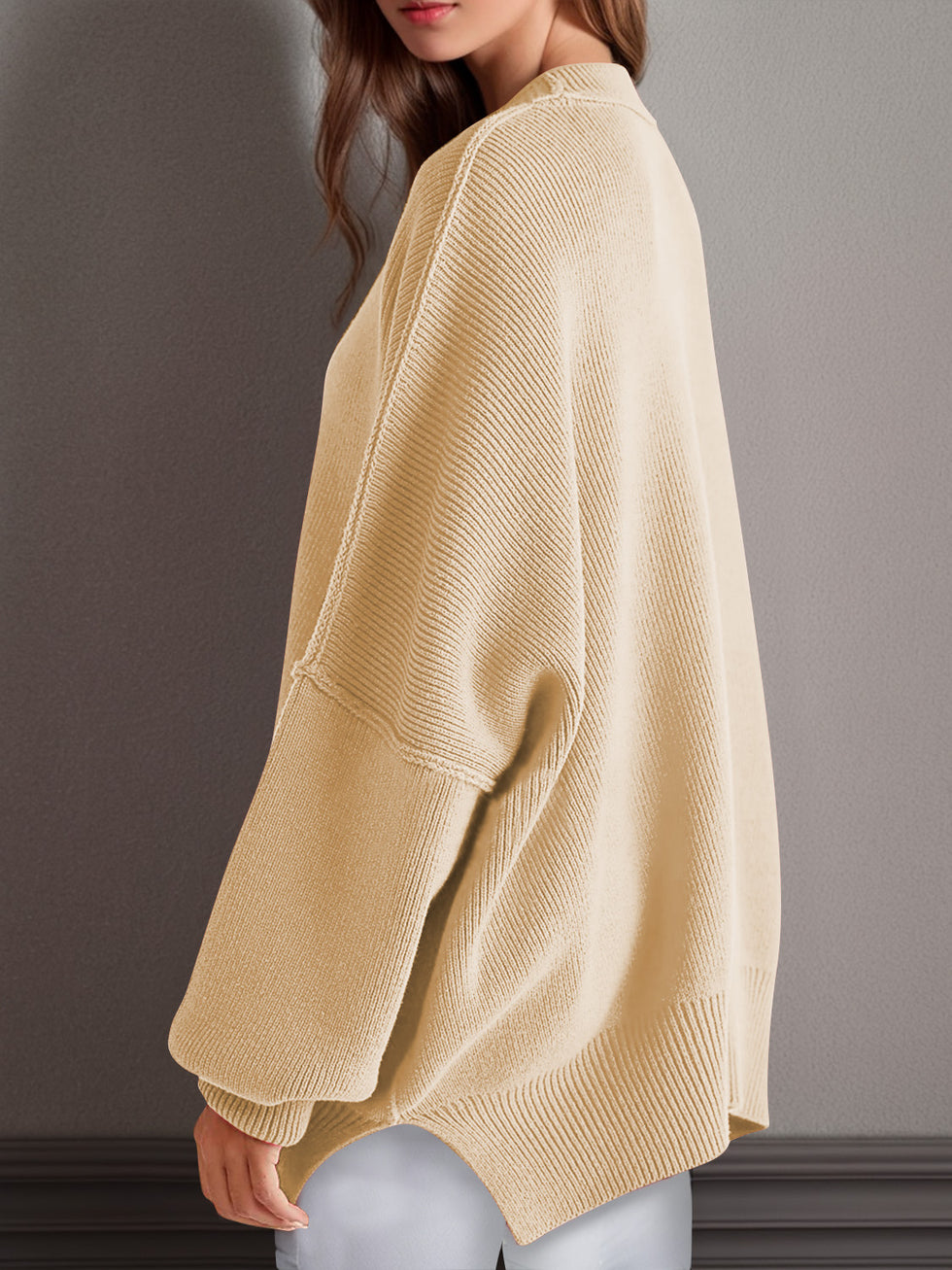 Double Take Side Slit Round Neck Long Sleeve Sweater – Charming Charlie