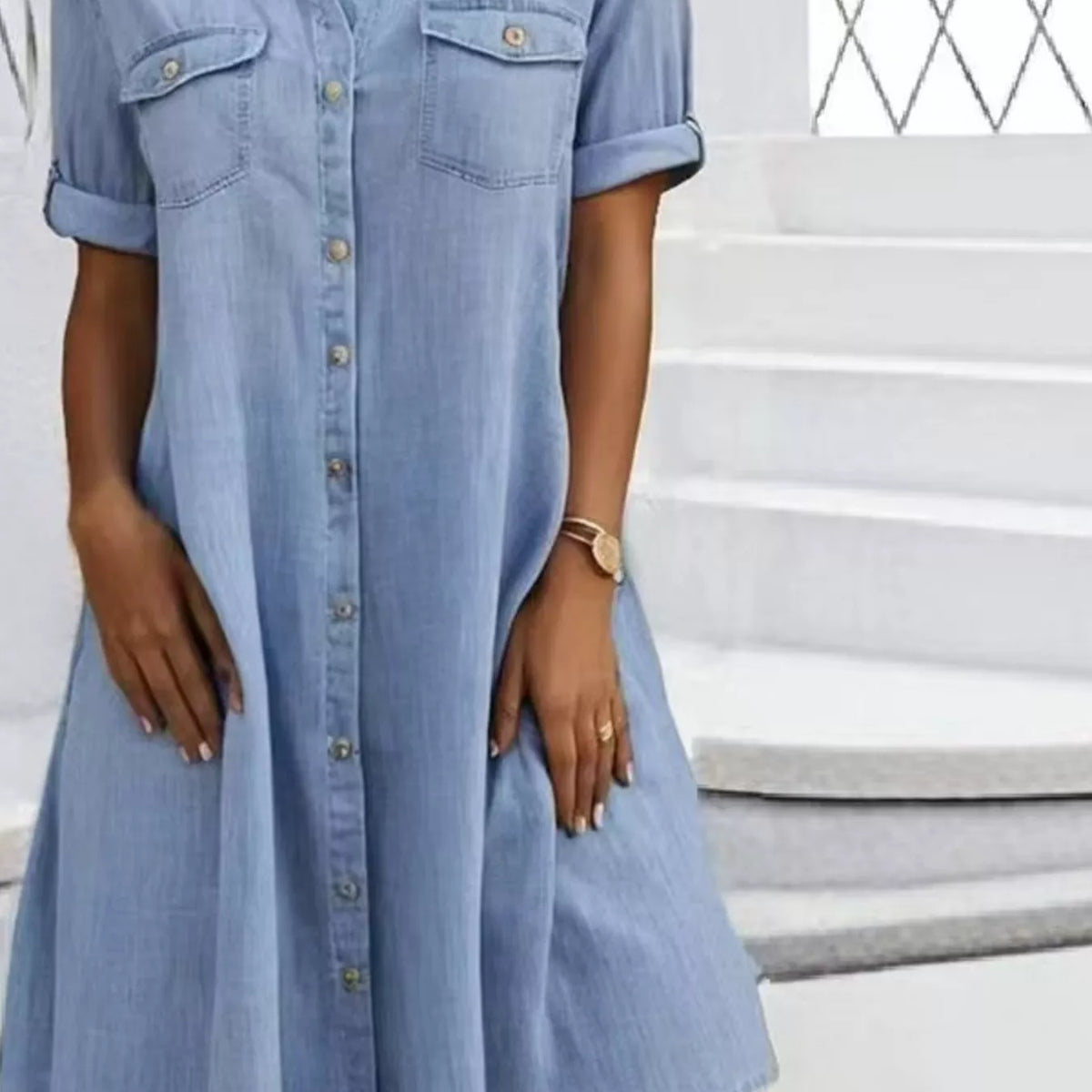 Full Size Button-Front Short Sleeve Denim Dress Plus Size – Charming ...