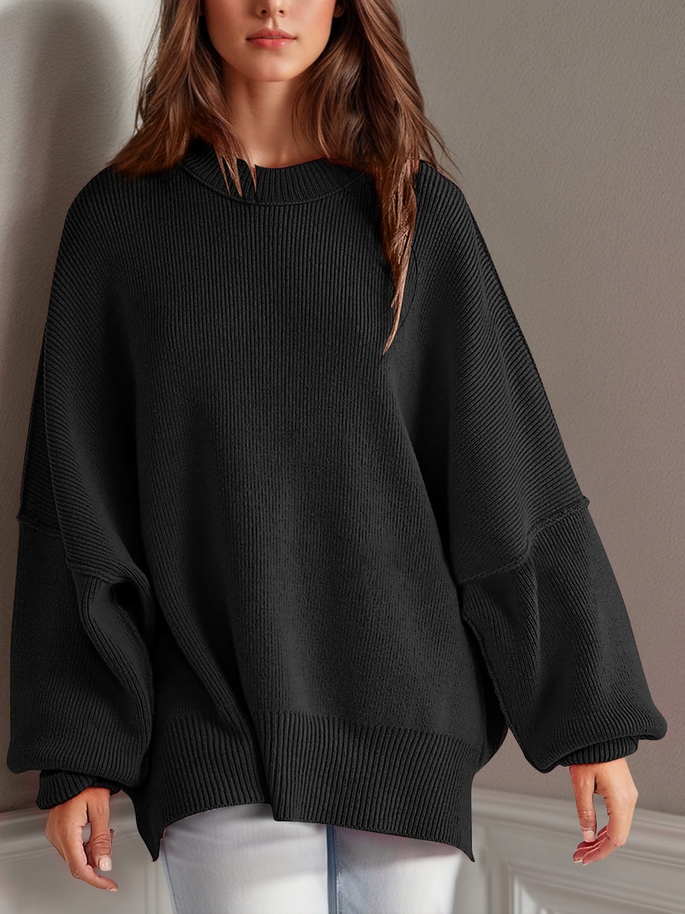 Double Take Side Slit Round Neck Long Sleeve Sweater – Charming Charlie