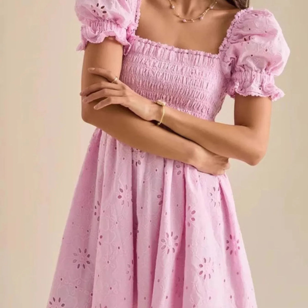 Eyelet Puff Sleeve Smocked Mini Dress – Charming Charlie