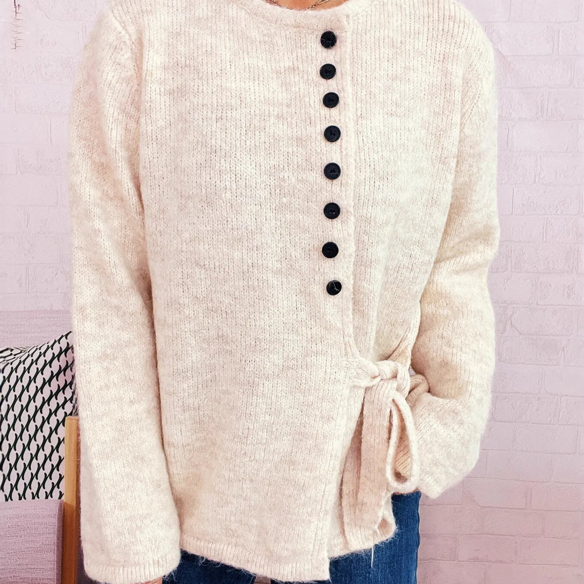 Button-Front Side-Tie Sweater – Charming Charlie