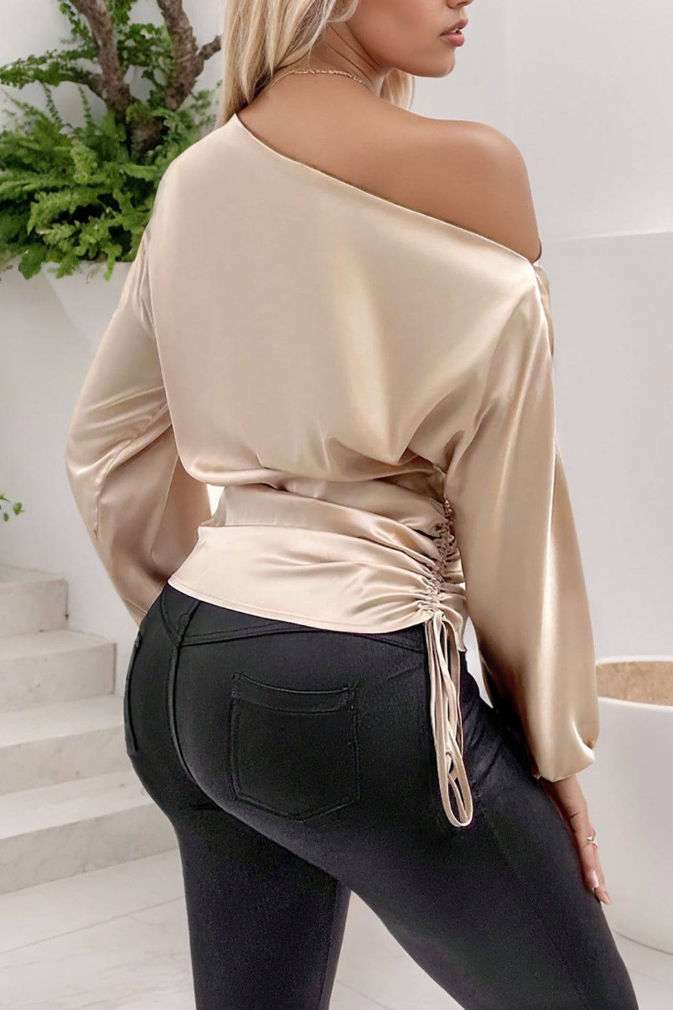 Drawstring One Shoulder Long Sleeve Blouse – Charming Charlie