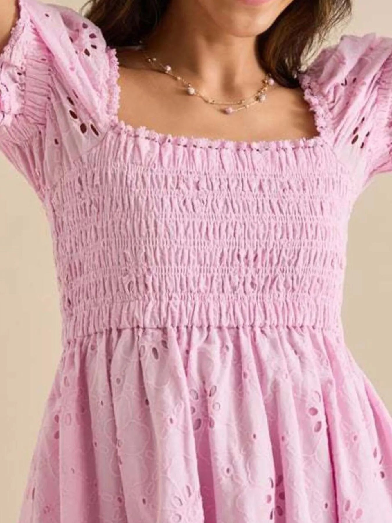 Eyelet Puff Sleeve Smocked Mini Dress – Charming Charlie