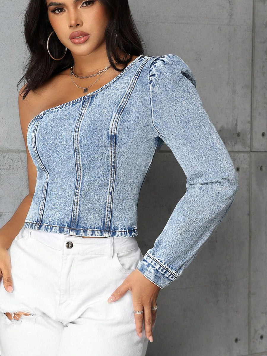 One Shoulder Long Sleeve Denim Top – Charming Charlie