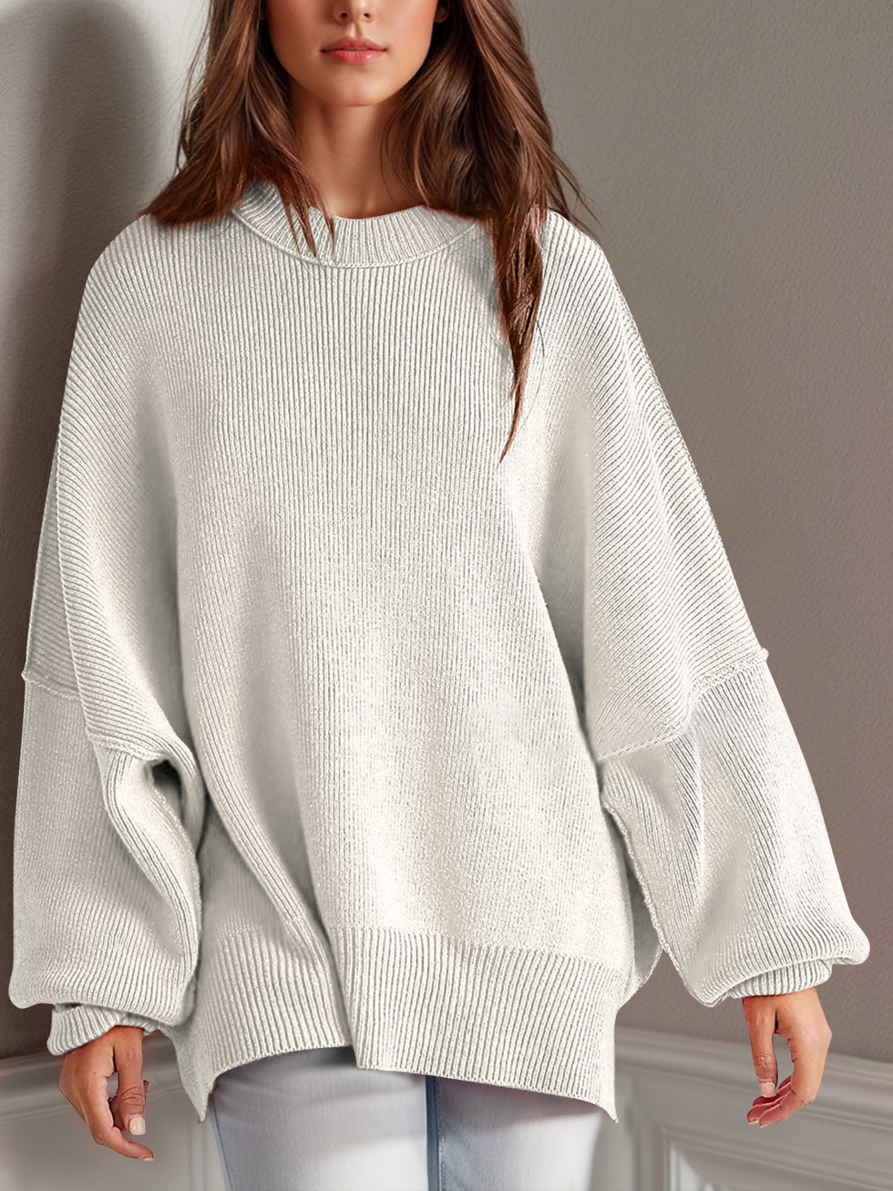 Double Take Side Slit Round Neck Long Sleeve Sweater – Charming Charlie