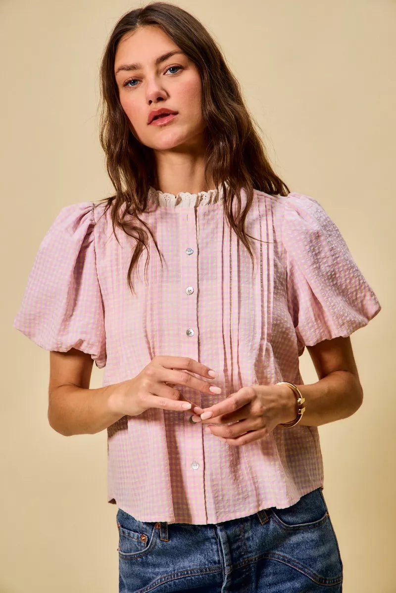 SO ME Gingham Lace Trim Button Bubble Sleeves Blouse – Charming Charlie
