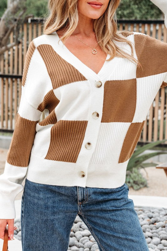 Checker Buttoned V-Neck Sweater Cardigan – Charming Charlie