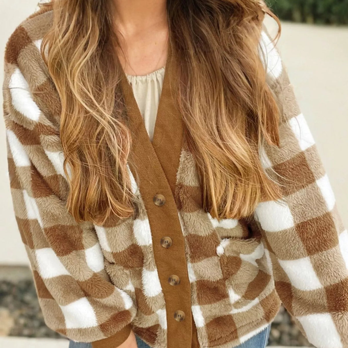 Checkered Sherpa Loose Knit Cardigan with Pockets – Charming Charlie