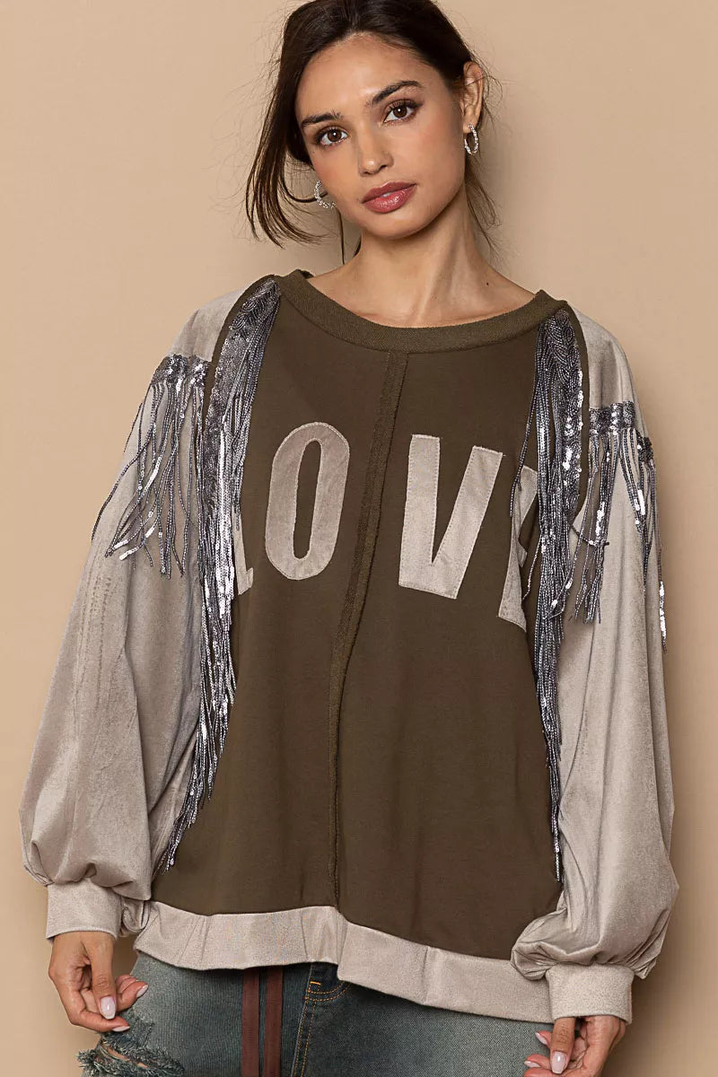 POL Balloon Sleeve French Terry Sweatshirt with Sequin Tassel ...