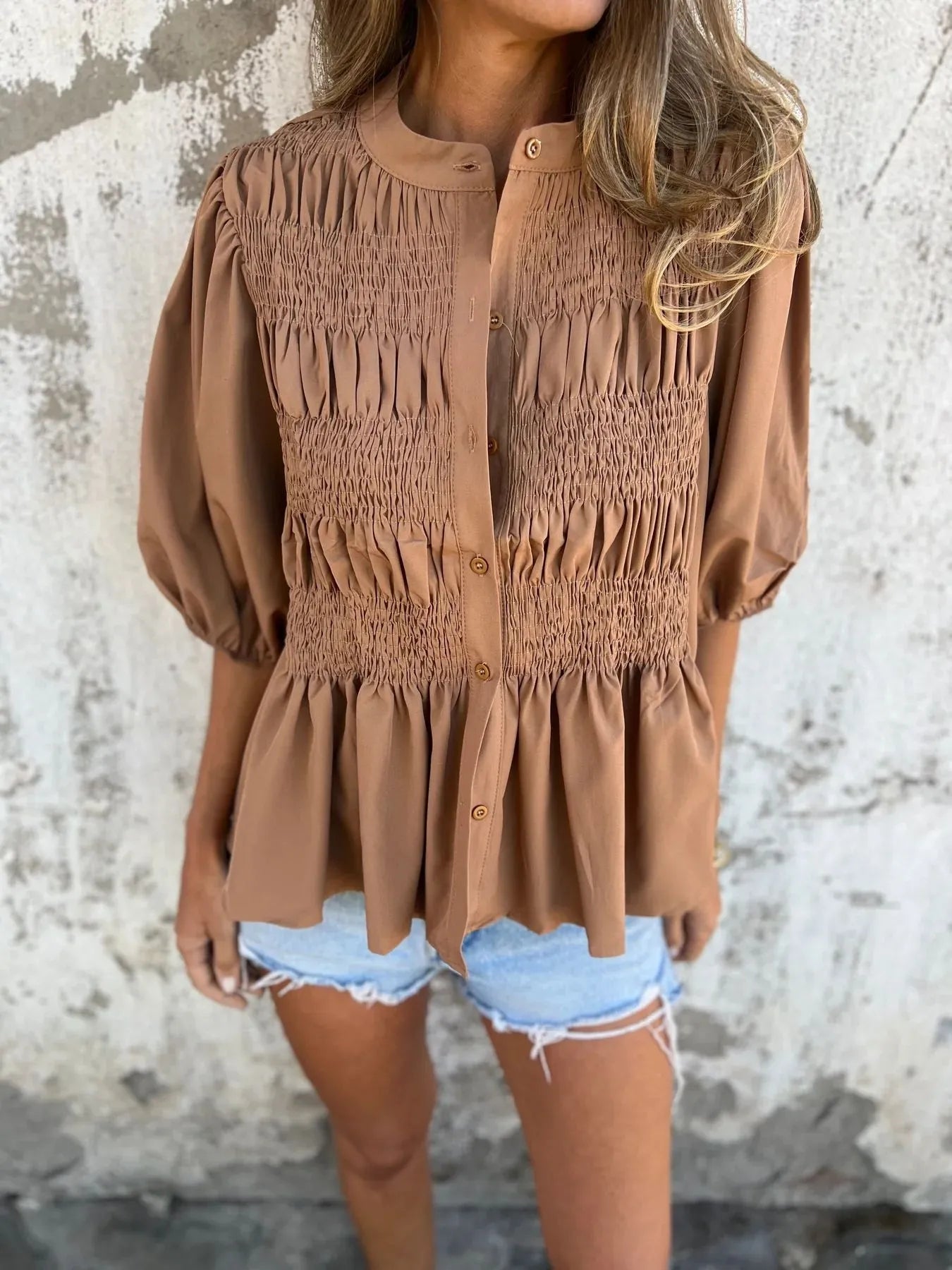 Full Size Smocked Puff Sleeve Blouse Plus Size – Charming Charlie