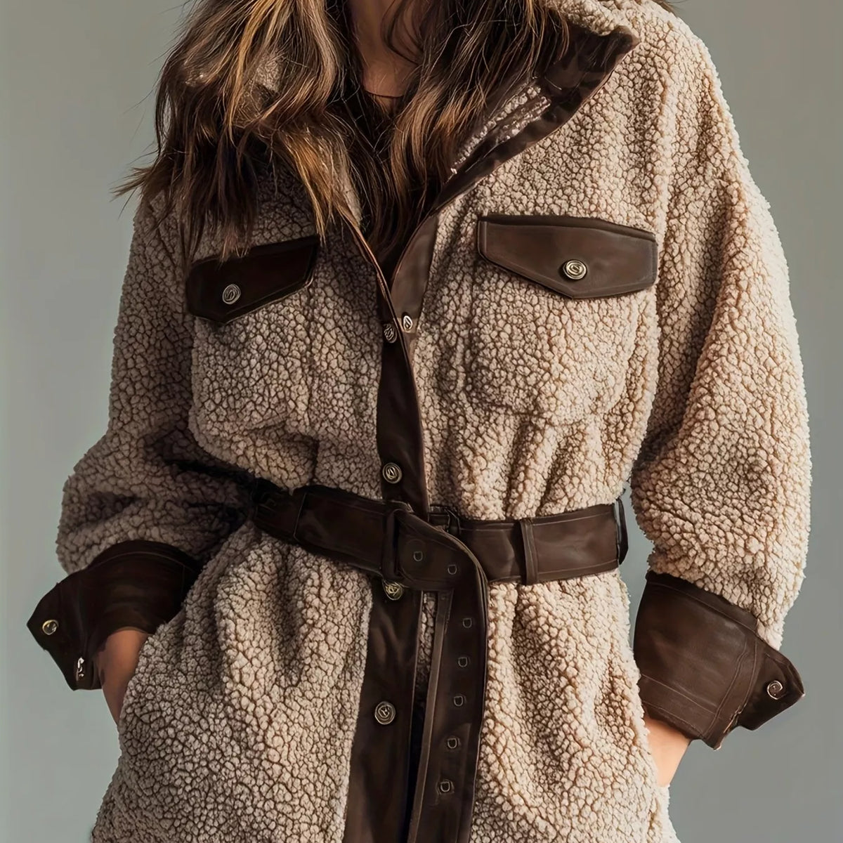 Leather Trim Sherpa Outerwear with Pockets – Charming Charlie