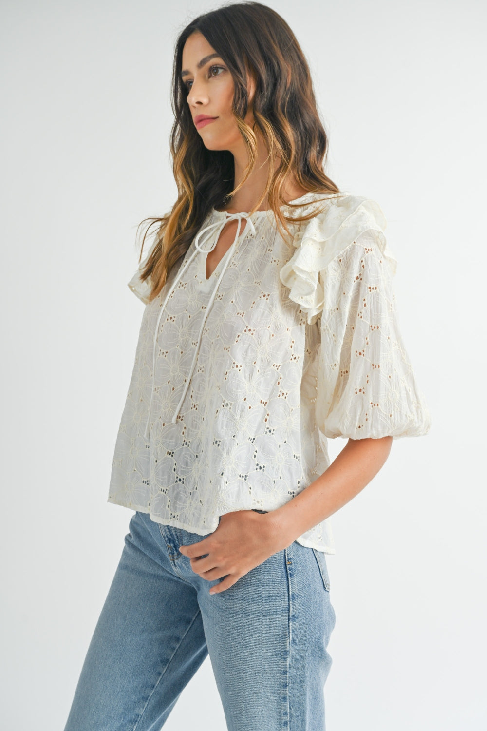 MABLE Eyelet Lace Ruffle Shoulder Puff Sleeve Blouse – Charming Charlie