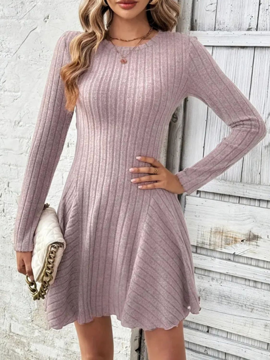Ribbed Round Neck Long Sleeve Mini Dress – Charming Charlie