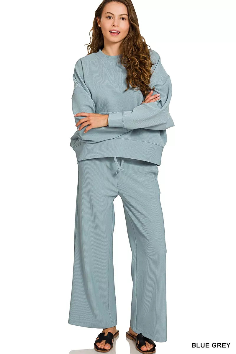 Zenana Ribbed Round Neck Pullover and Drawstring Pants Set – Charming ...