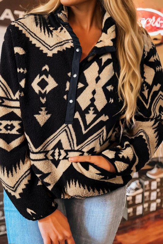 Plus Size Western Aztec Fleece Half Button Sweatsh – Charming Charlie
