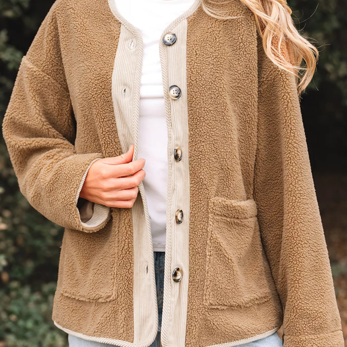 Puffy Plush Corduroy Edge Patchwork Jacket with Pockets – Charming Charlie