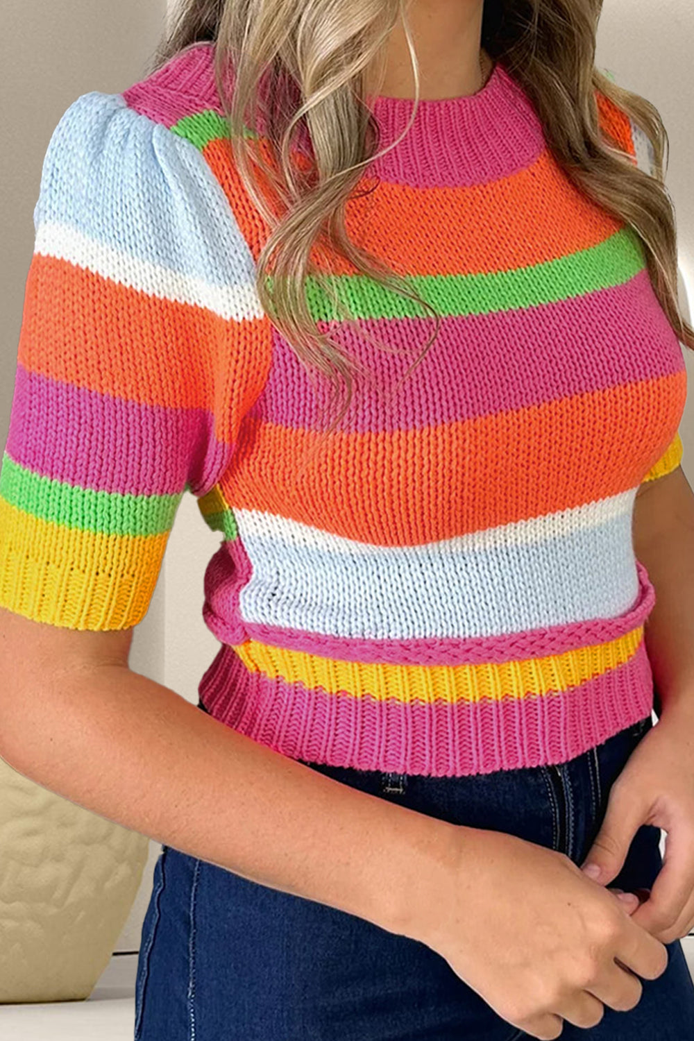 Color Block Round Neck Half Sleeve Knit Top – Charming Charlie