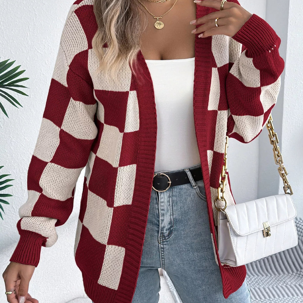 Checkered Pattern Open Front Cardigan – Charming Charlie