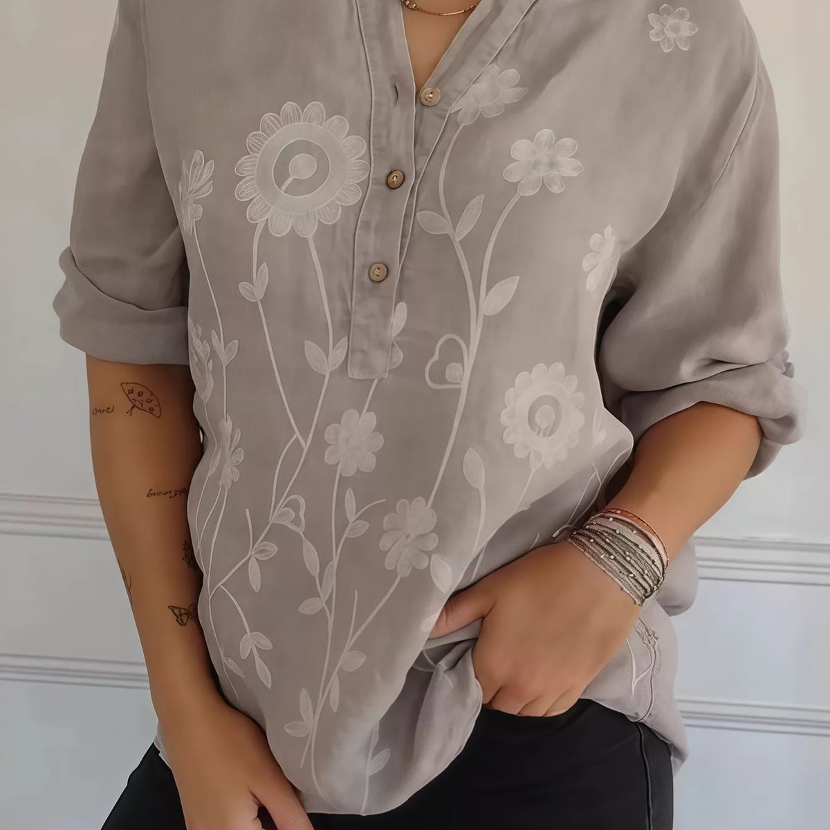 Full Size Floral Embroidered Button Detail Blouse Plus Size – Charming ...