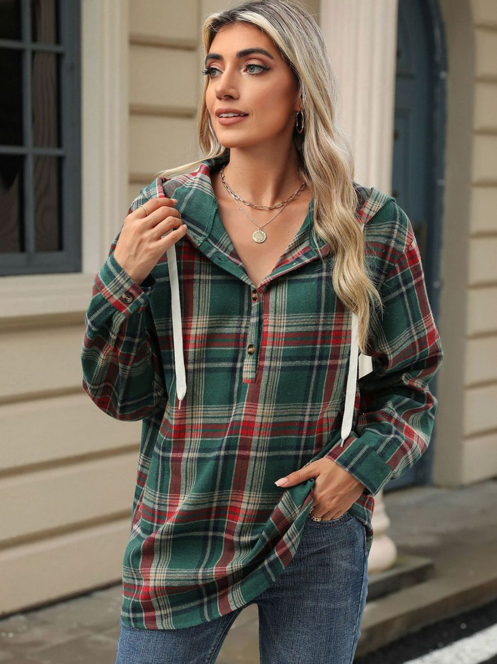 Drawstring Plaid Hooded Long Sleeve Top – Charming Charlie