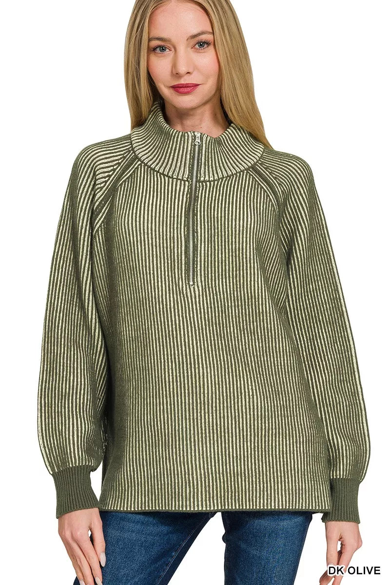 Zenana Ribbed Two Tone Half Zip Sweater – Charming Charlie