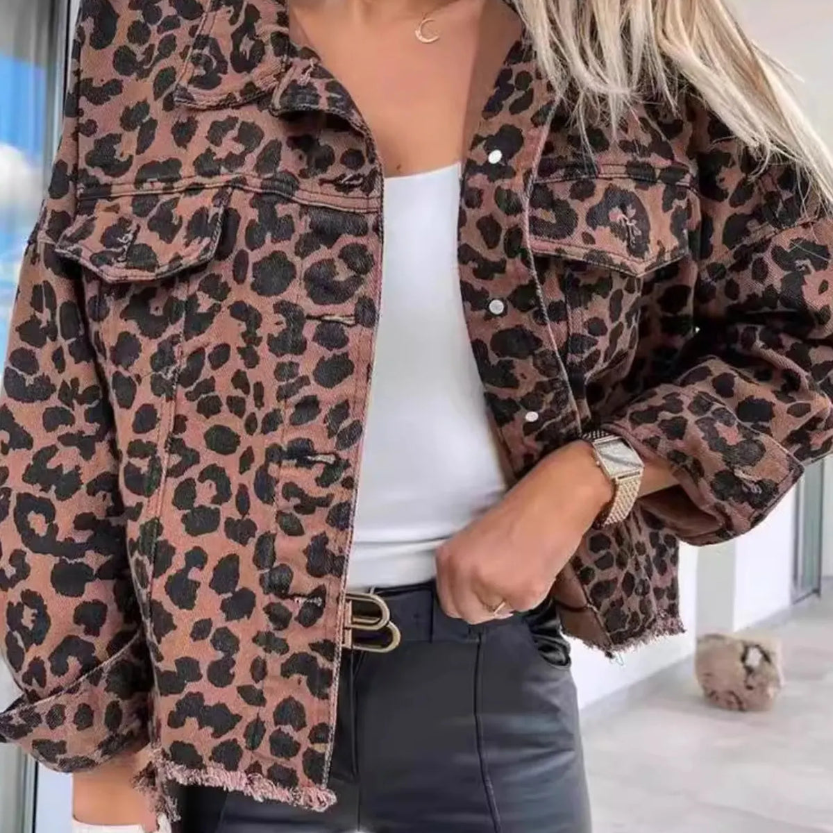 Leopard Print Raw Hem Denim Jacket – Charming Charlie