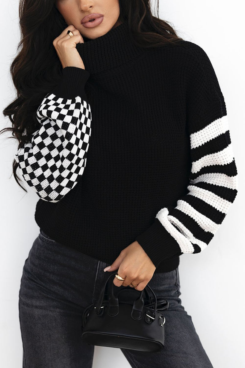 Striped & Checkered Turtleneck Dropped Shoulder Sweater – Charming Charlie