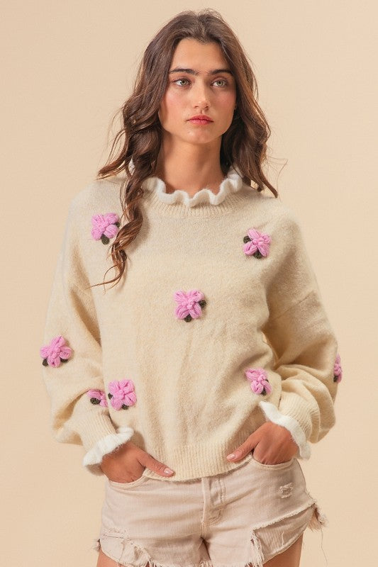 BiBi Ruffled Crochet Flower Dropped Shoulder Sweater – Charming Charlie