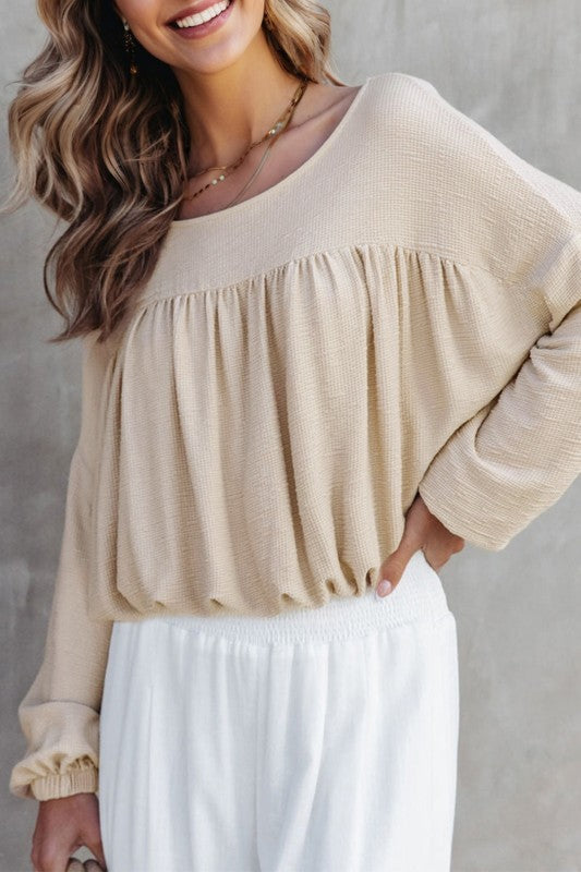 Solid Ribbed Knit Pleated Long Sleeve Top – Charming Charlie