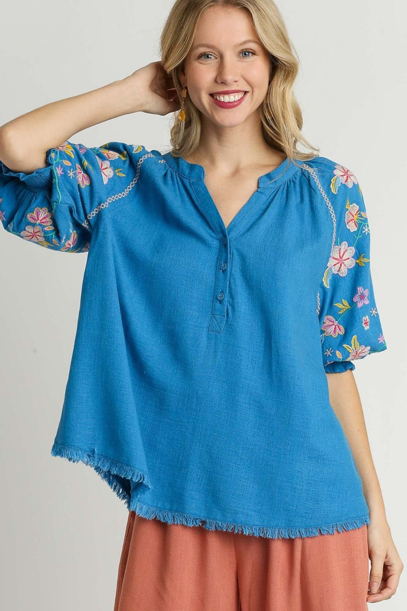 Umgee Full Size Half Button Top with Embroidery Sleeves Plus Size ...