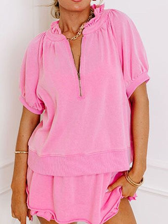 Half Zip Puff Sleeve Top and Ruffled Shorts Set – Charming Charlie