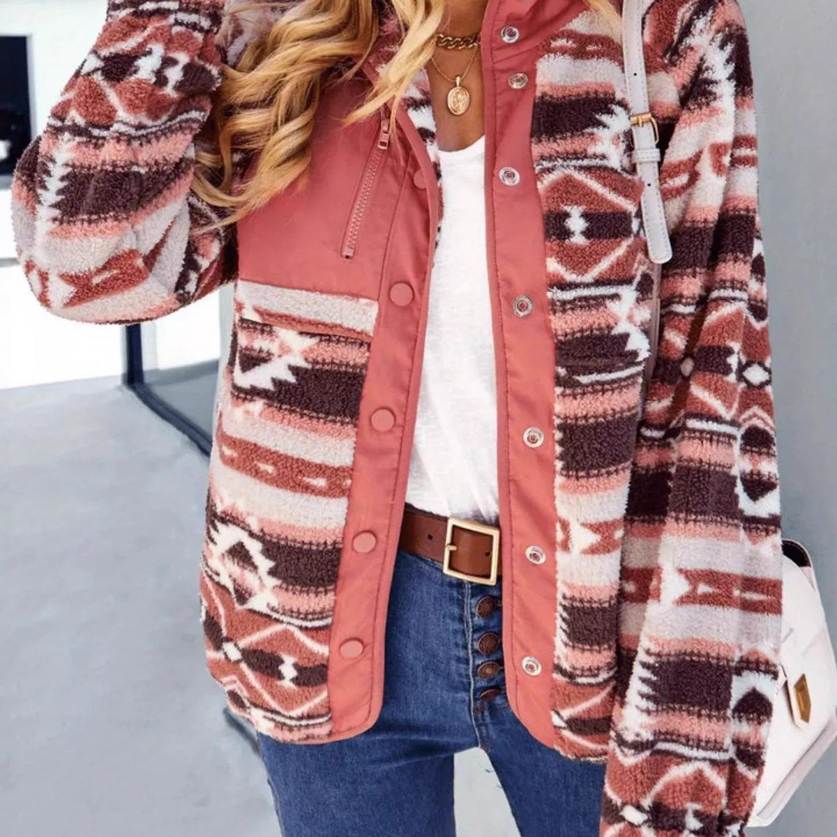 Aztec Print Fleece Snap Down Jacket – Charming Charlie