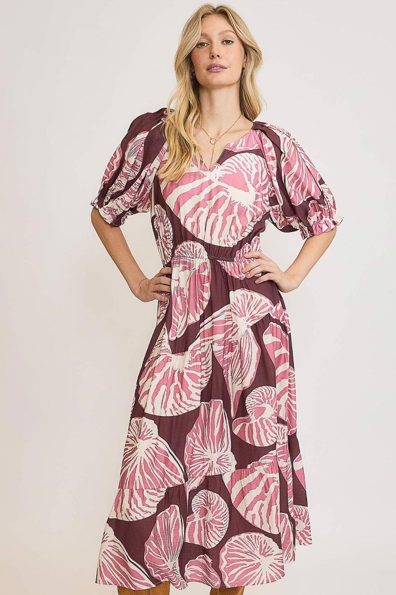 Umgee Full Size Printed Notched Puff Sleeve Midi Dress Plus Size ...