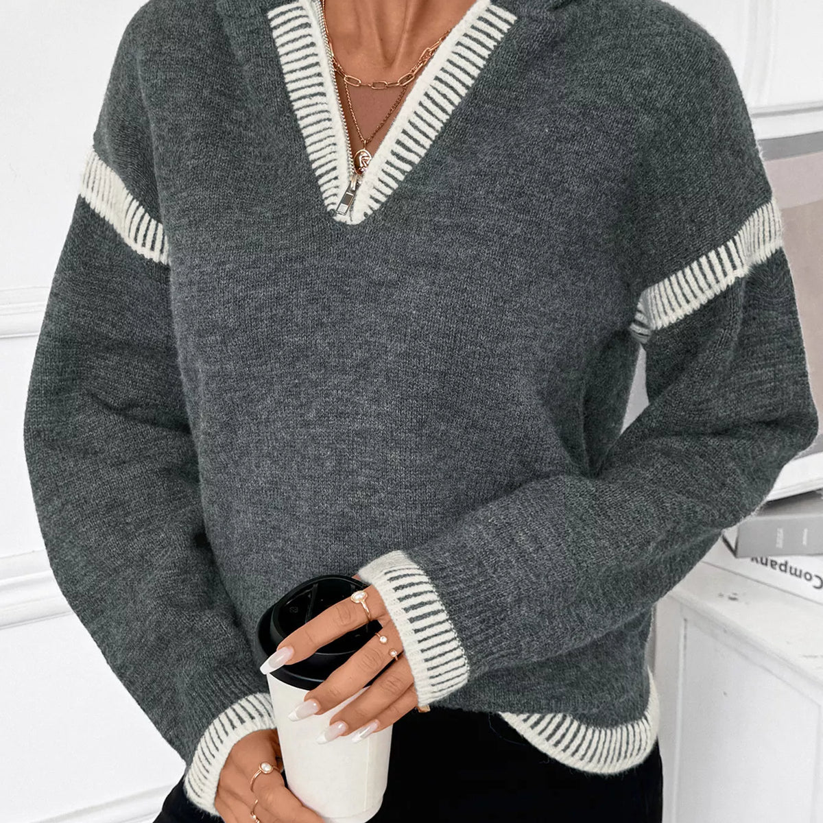 Contrast Trim Quarter Zip Hooded Sweater – Charming Charlie