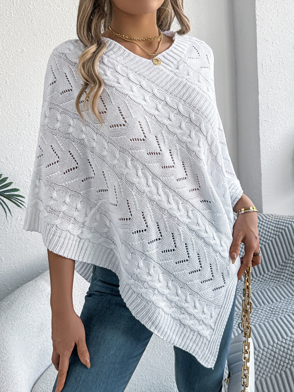 Cable-Knit Openwork Three-Quarter Sleeve Sweater – Charming Charlie