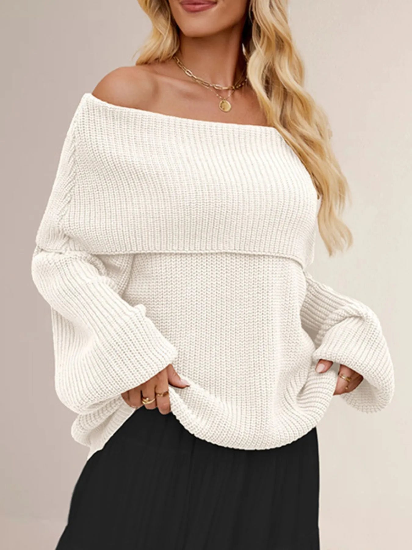 Fold-Over Collar Long Sleeve Sweater – Charming Charlie