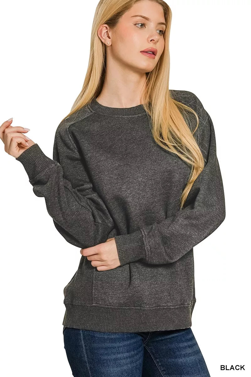 Zenana Acid Washed Fleece Sweatshirt with Side Rib – Charming Charlie