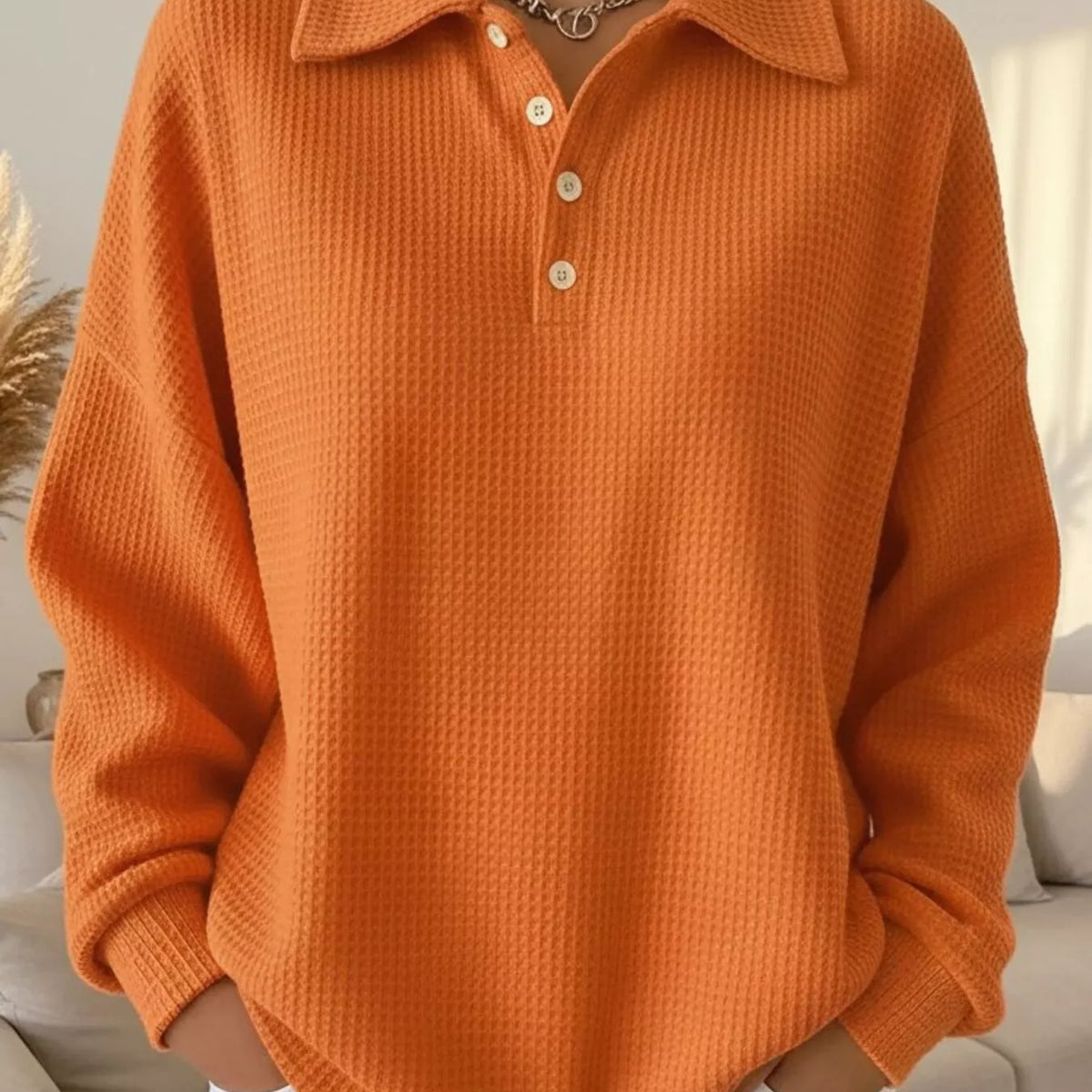 Full Size Waffle Knit Button Detail Sweatshirt Plus Size – Charming Charlie