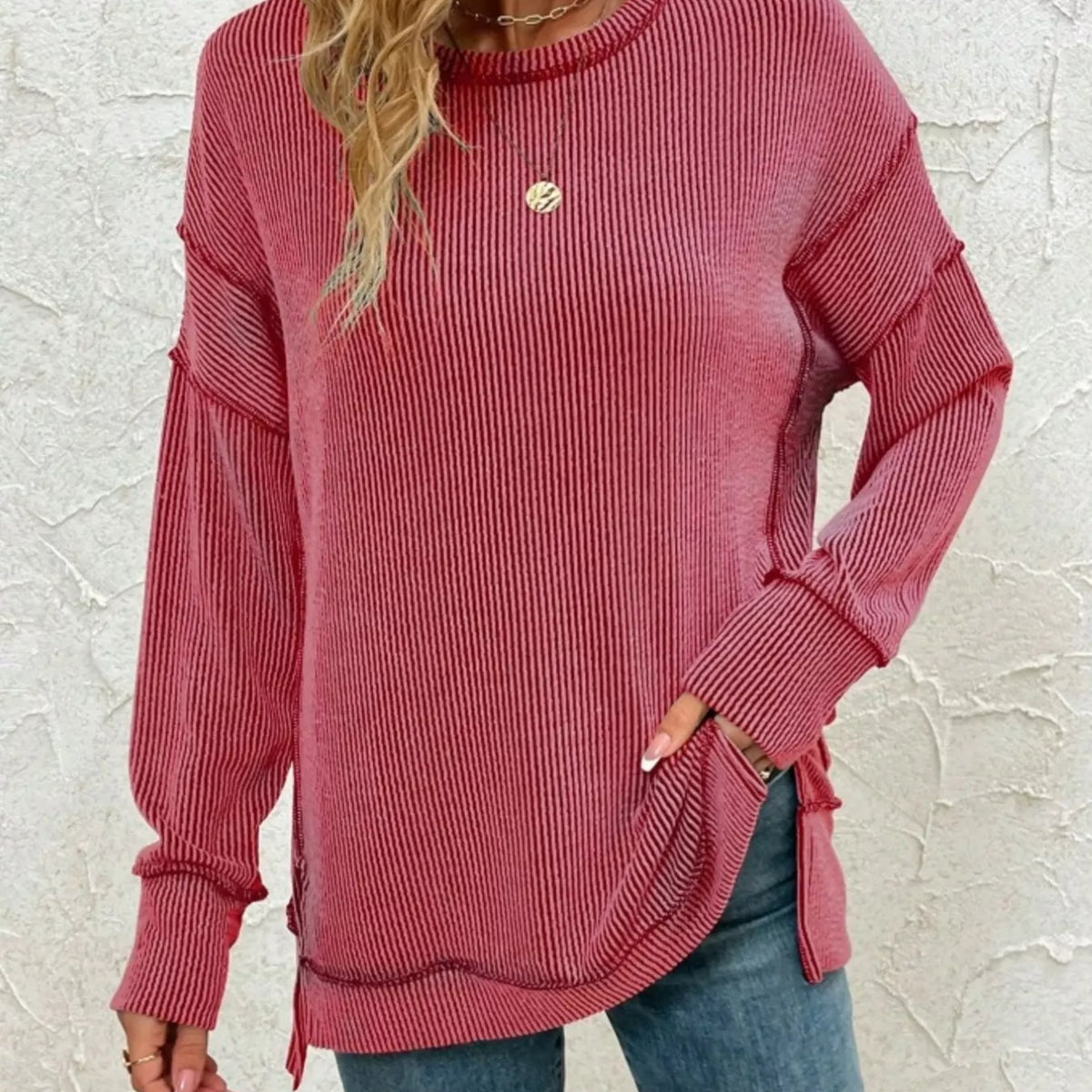 Side Slit Round Neck Dropped Shoulder Sweatshirt – Charming Charlie