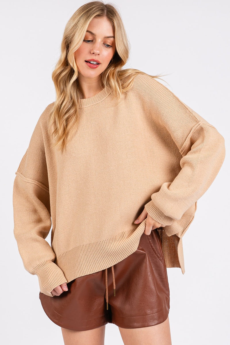 Mittoshop Side Slit Round Neck Drop Shoulder Sweater – Charming Charlie